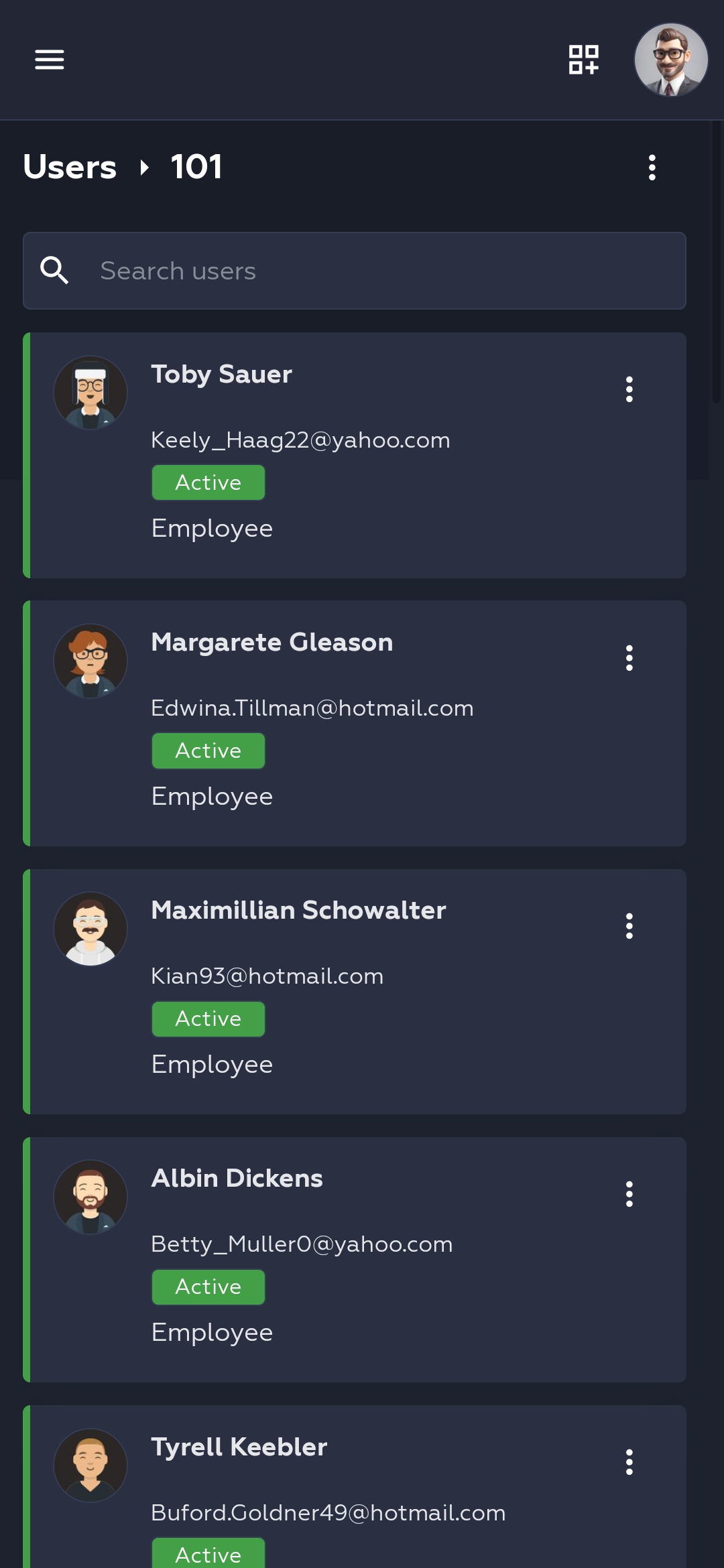 Screen with a List of Users